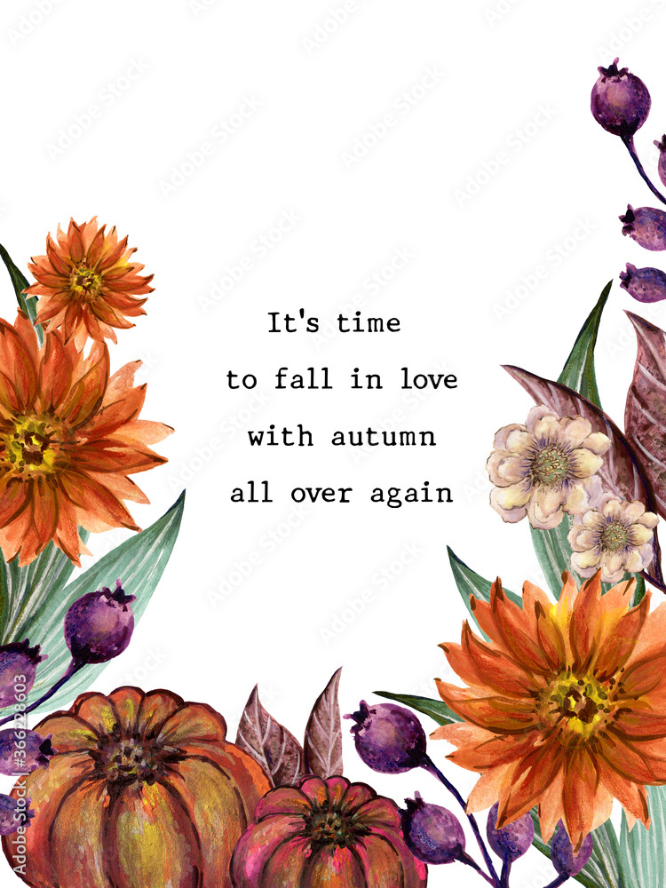 Watercolor Fall Autumn invitation set botanical flowers, leaves ...