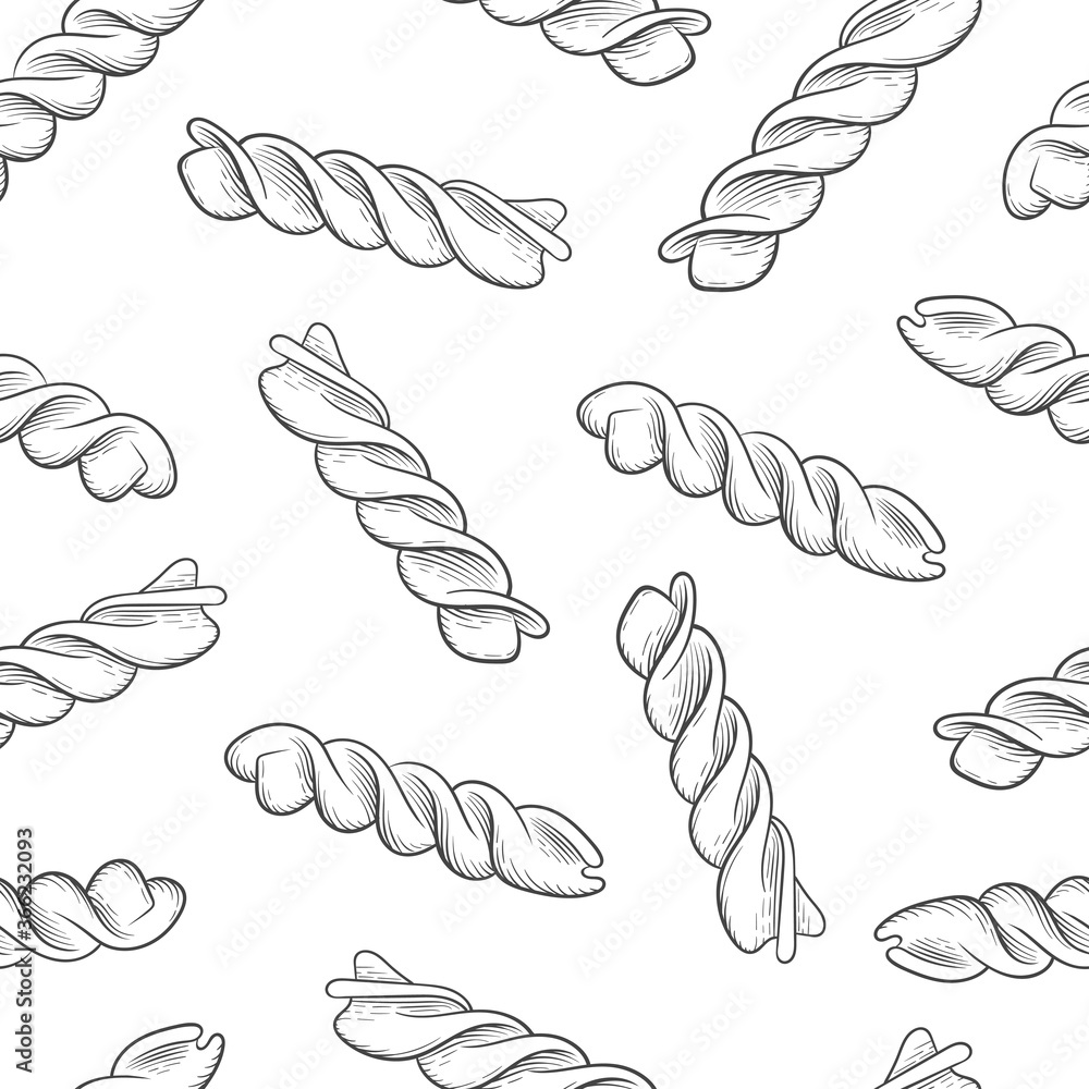 Italian Fusilli pasta, seamless background. Drawing engraving, ink ...