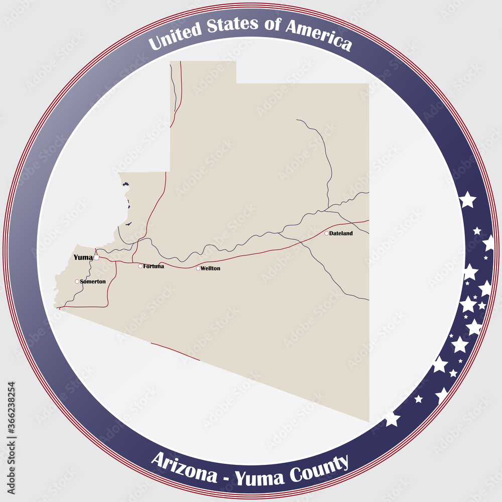 Round button with detailed map of Yuma County in Arizona, USA. Stock ...