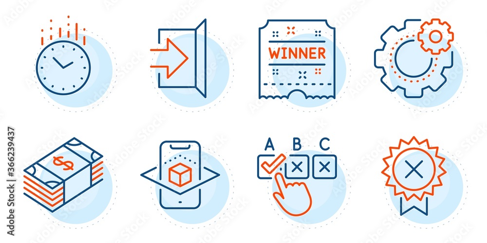 Correct checkbox, Exit and Reject medal signs. Cogwheel, Winner ticket and Usd currency line ...