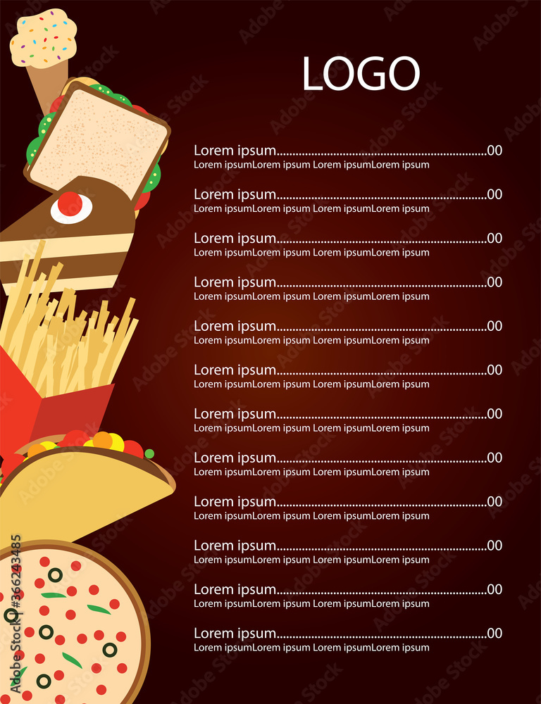 Food menu template with picture of snack items and sample text layout ...