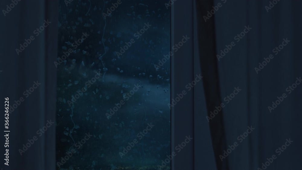 Thunder storm outside window with lightning strike rain and gale force ...