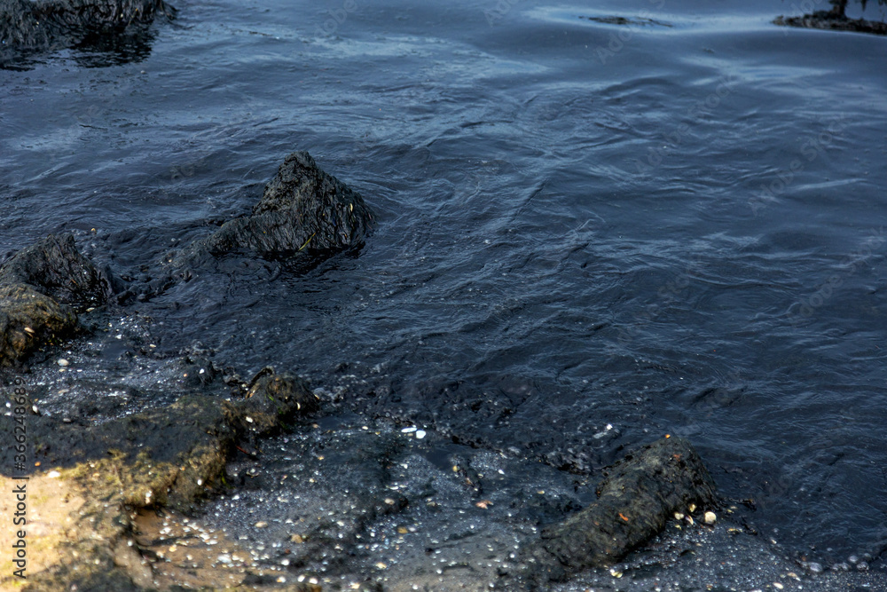 The sea and the beach are polluted with oil. A crude oil spill on the ...