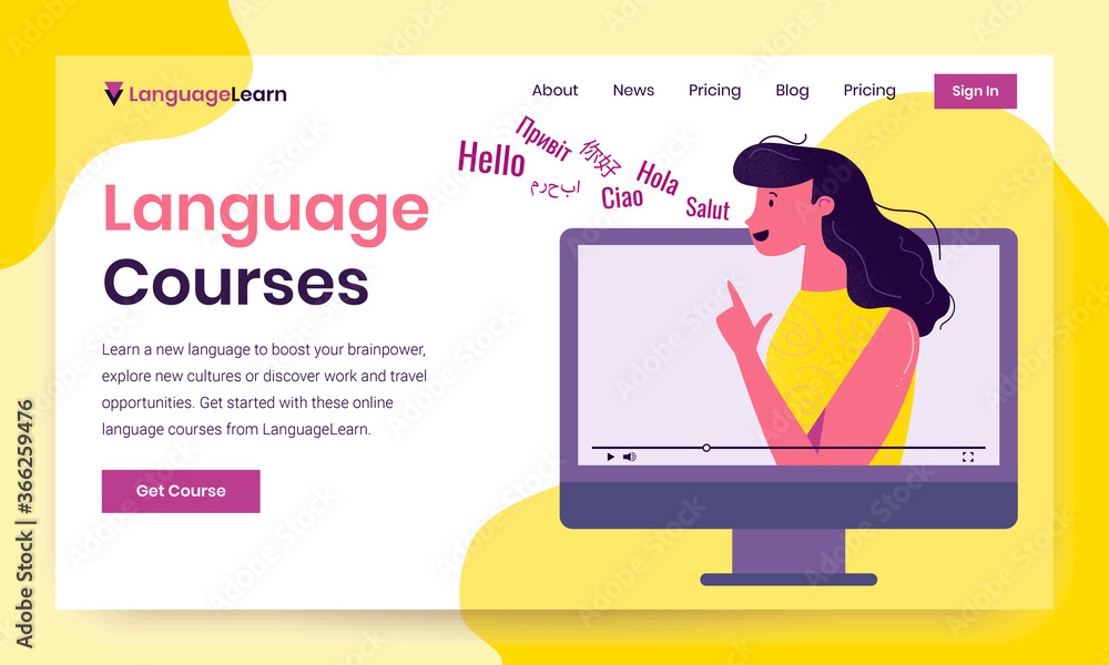 Vector first screen template with female language tutor demonstrating ...
