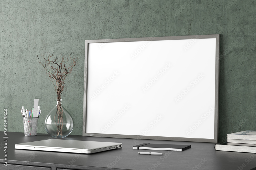 Horizontal poster frame mockup on the dark table of home studio ...
