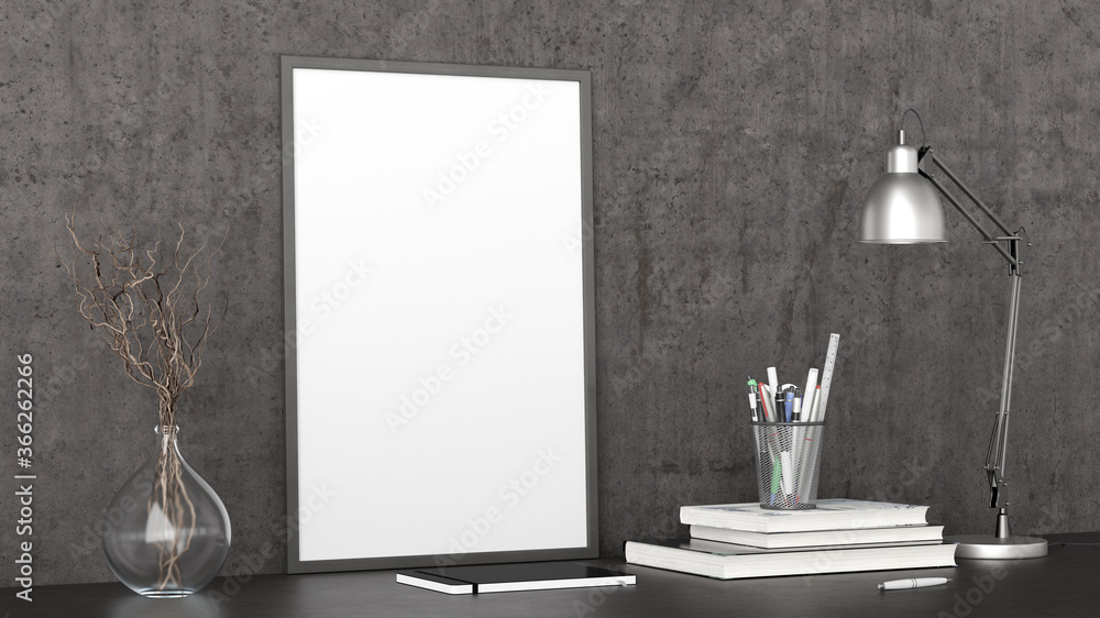 Vertical poster frame mockup on the black table of home studio ...