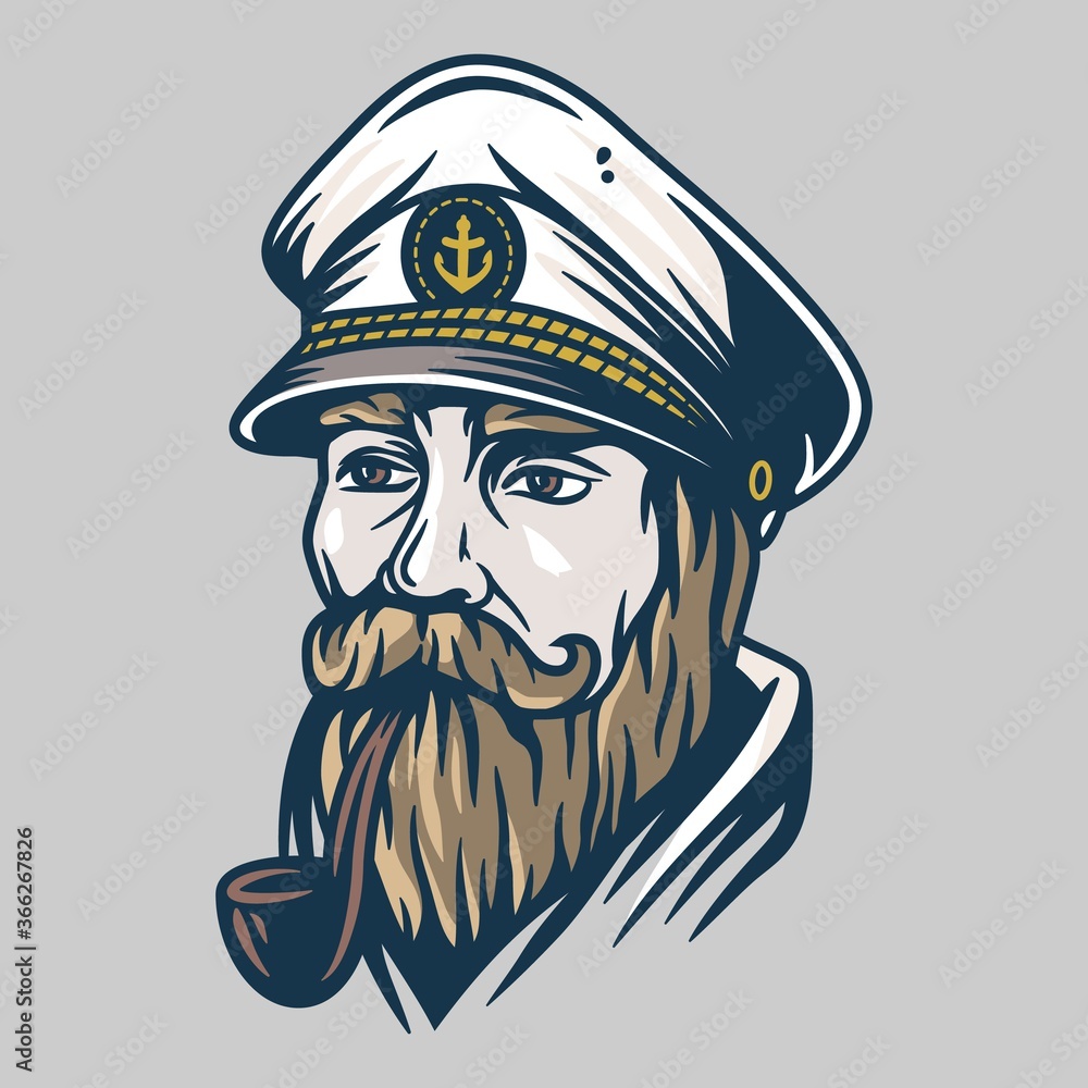 Bearded ship sailor with captain cap and a pipe Stock Vector | Adobe Stock