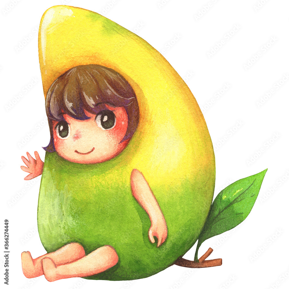 Watercolor painting illustration cartoon girl wearing a mango doll ...