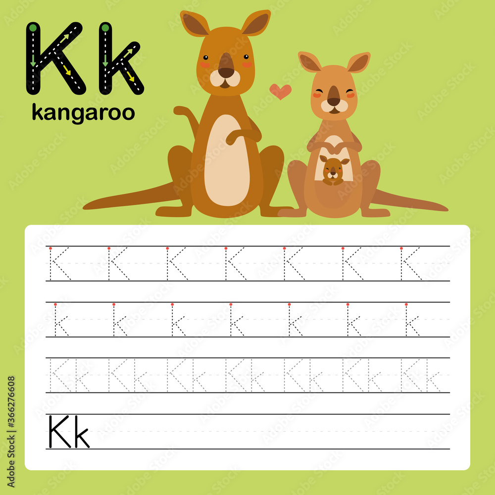 K, kangaroo, Alphabet tracing worksheet for preschool and kindergarten ...