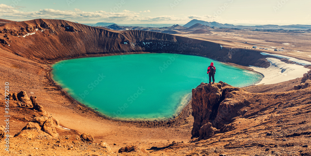 Scenic image of nature. Impressive landscape of Iceland. Happy traveler ...