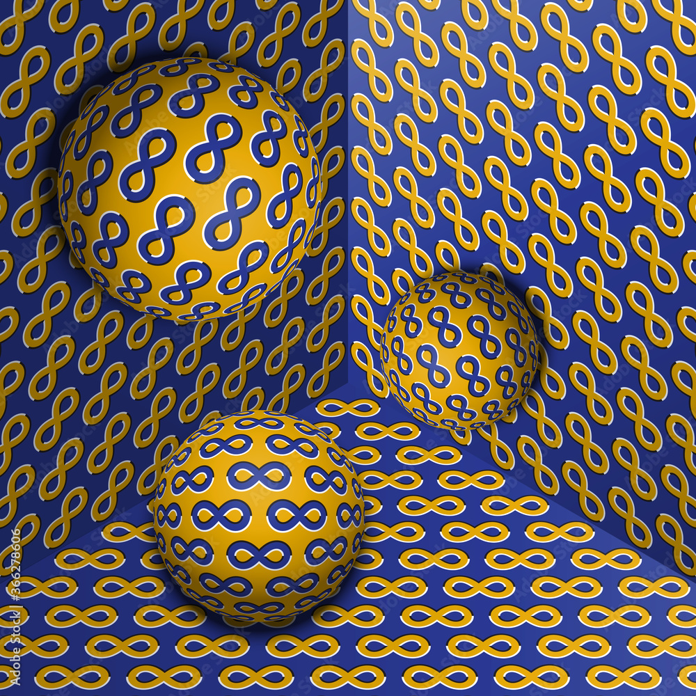 Three spheres move in corner. Optical illusion abstraction of infinity ...