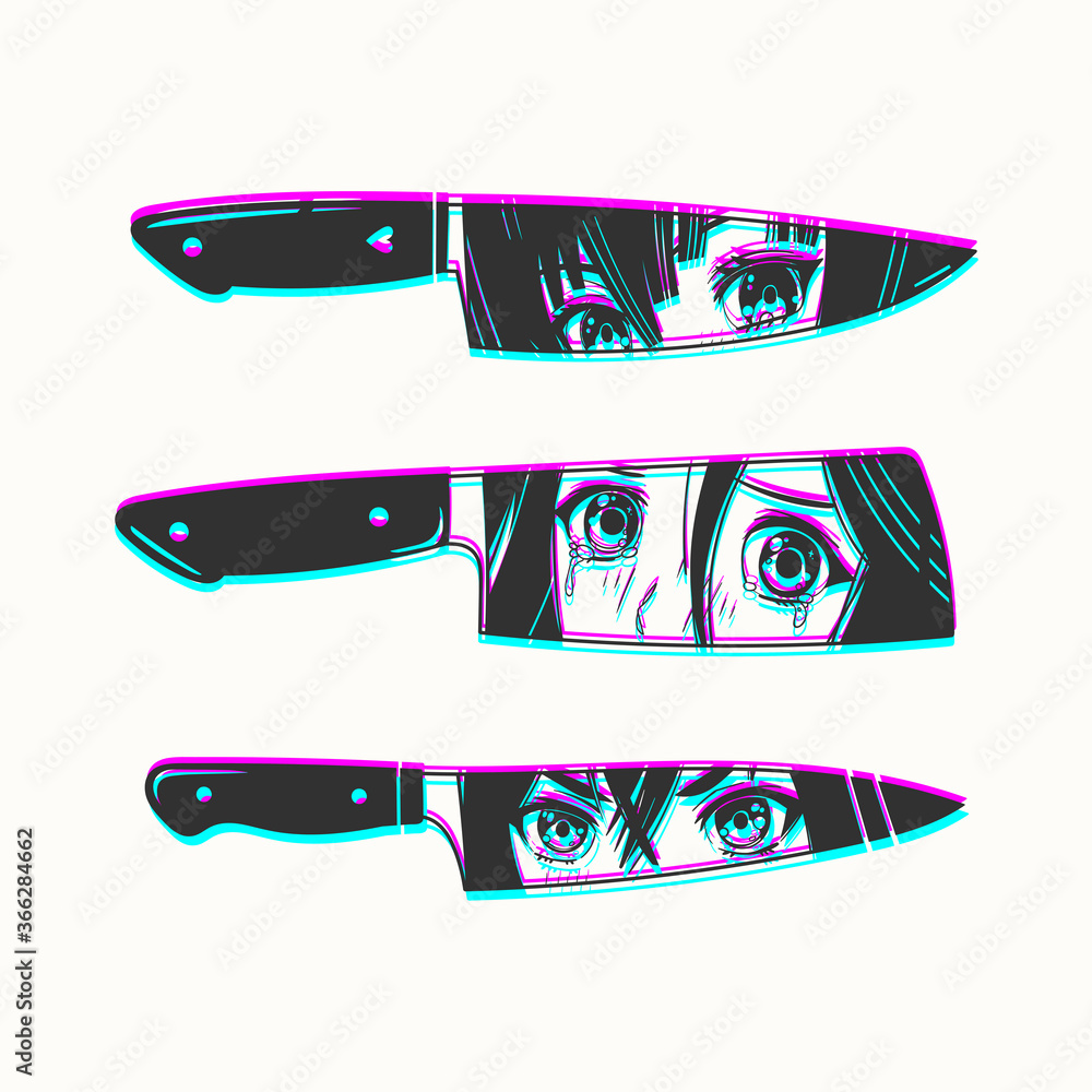 Three various Knives. Blades with Manga anime Eyes. Abstract Hand drawn ...