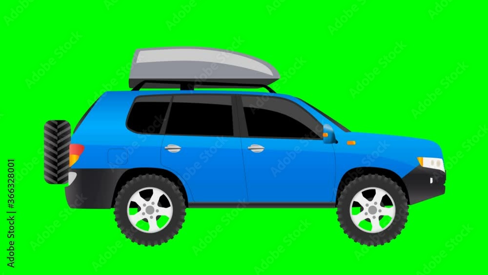 Flat design animation of a moving car at green background. Blue jeep ...