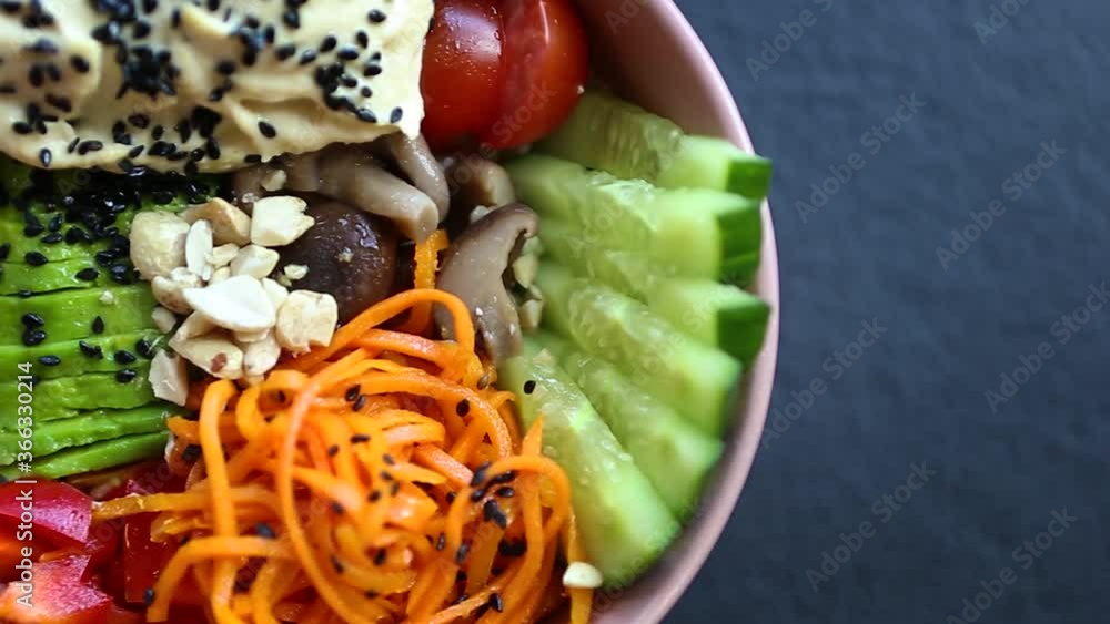 Vidéo Stock Poke bowl for healthy breakfast meal filmed in flat lay ...