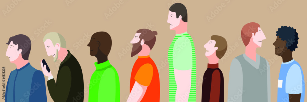 Men waiting in queue vector illustration. Man only crowd long line ...