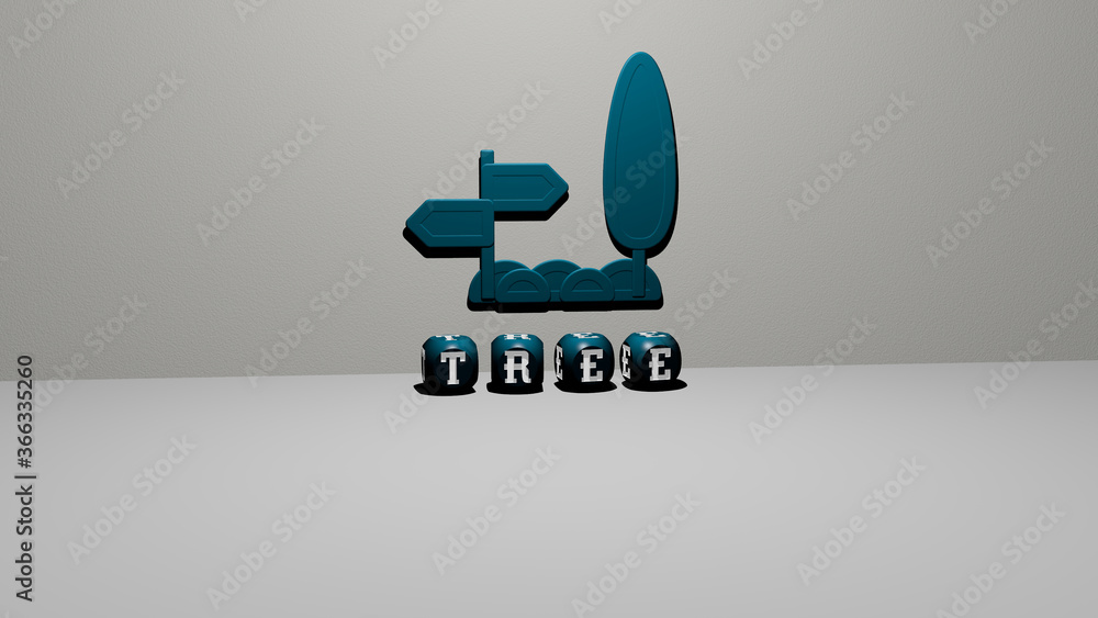 3D illustration of tree graphics and text made by metallic dice letters ...