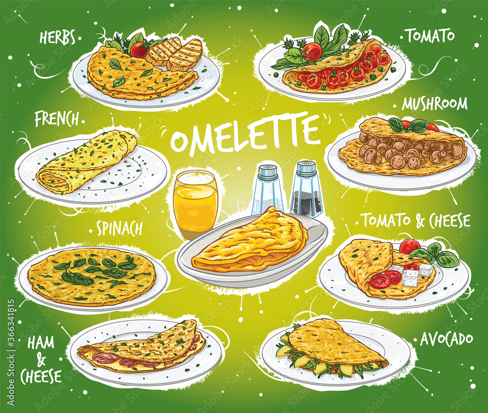 Hand drawn vector set of omelette varieties. Stock Vector | Adobe Stock