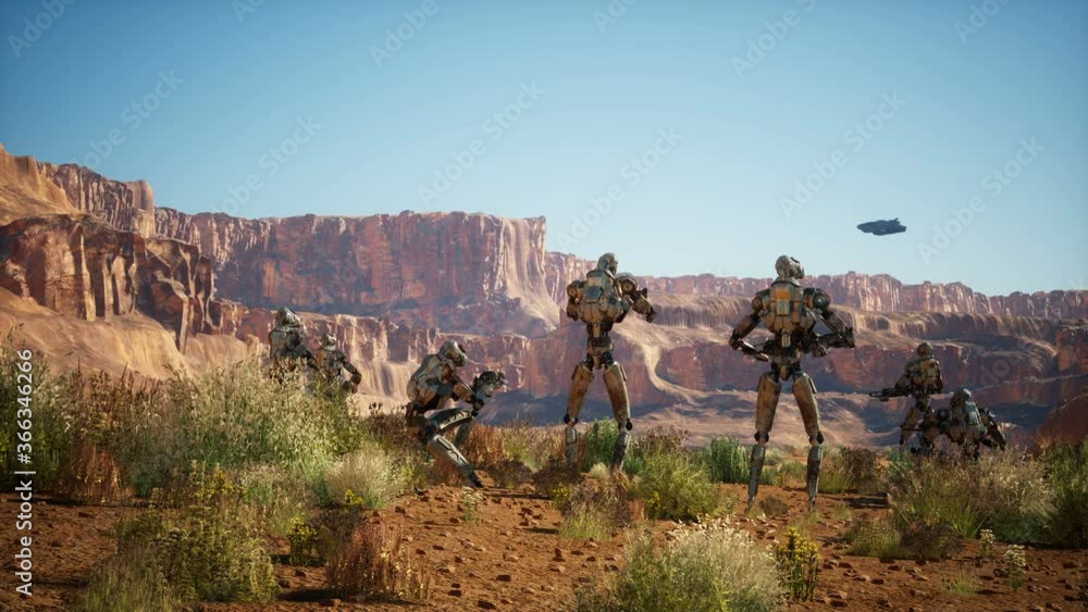 Military robots meet a landing spaceship on an unknown planet ...