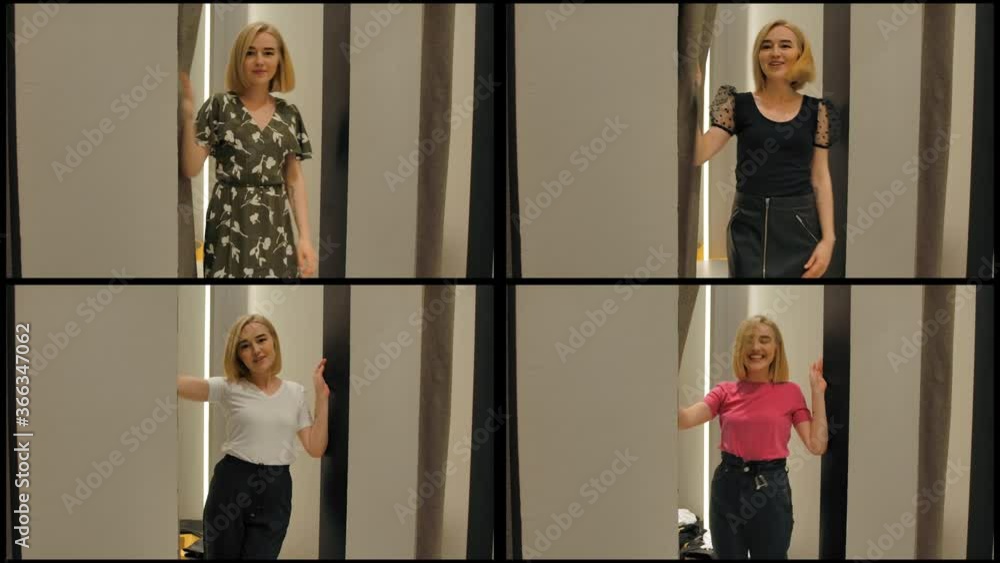 Collage of young blondie girl pulling back the curtain and showing ...