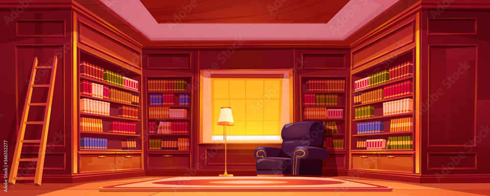Library with bookcases, ladder, chair and lamp. Vector cartoon empty ...
