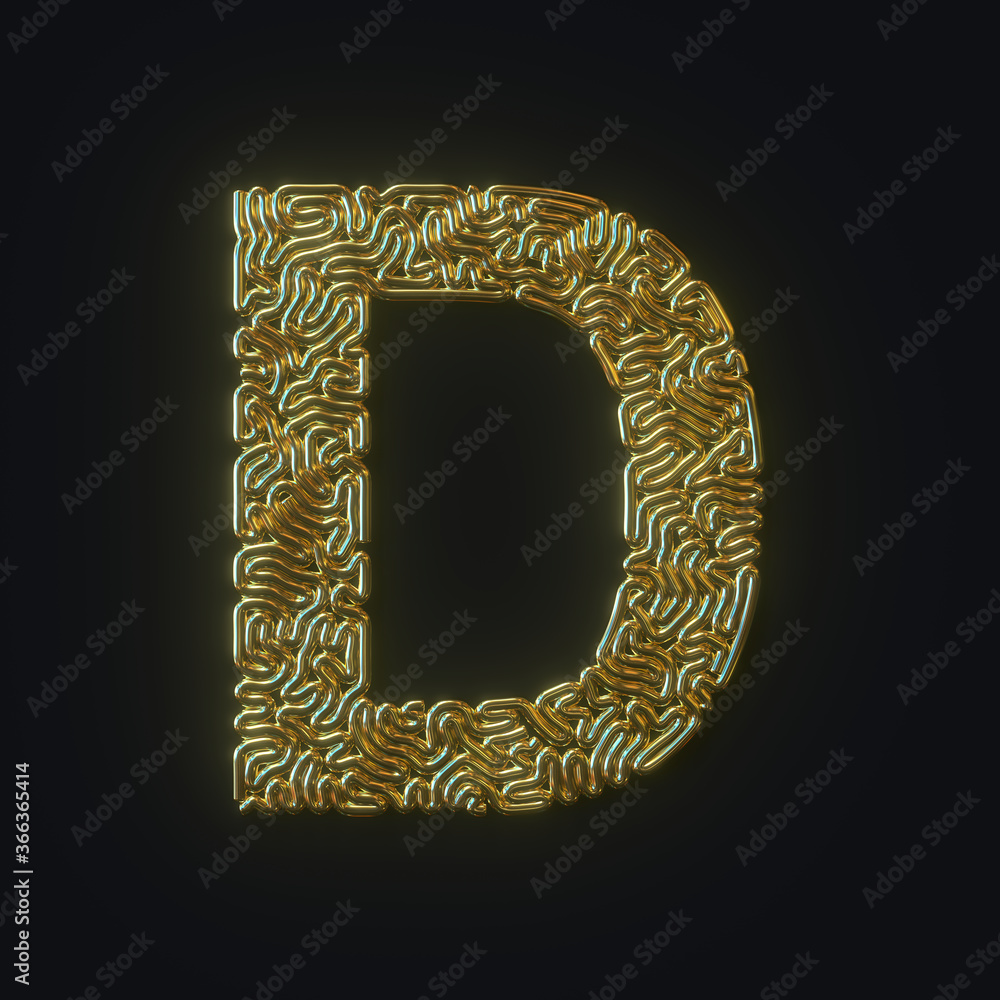 High resolution letter D symbol formed of gold bent wire. 3D rendering ...