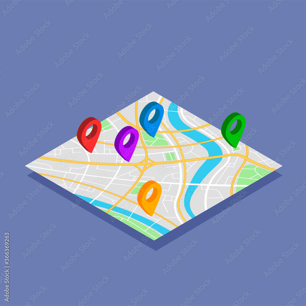 Isometric world travel map with pinpoint on it. Location on a global ...