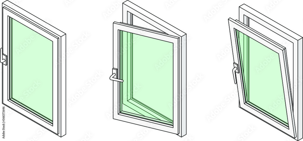 Diagram showing a casement window in three different positions: closed ...