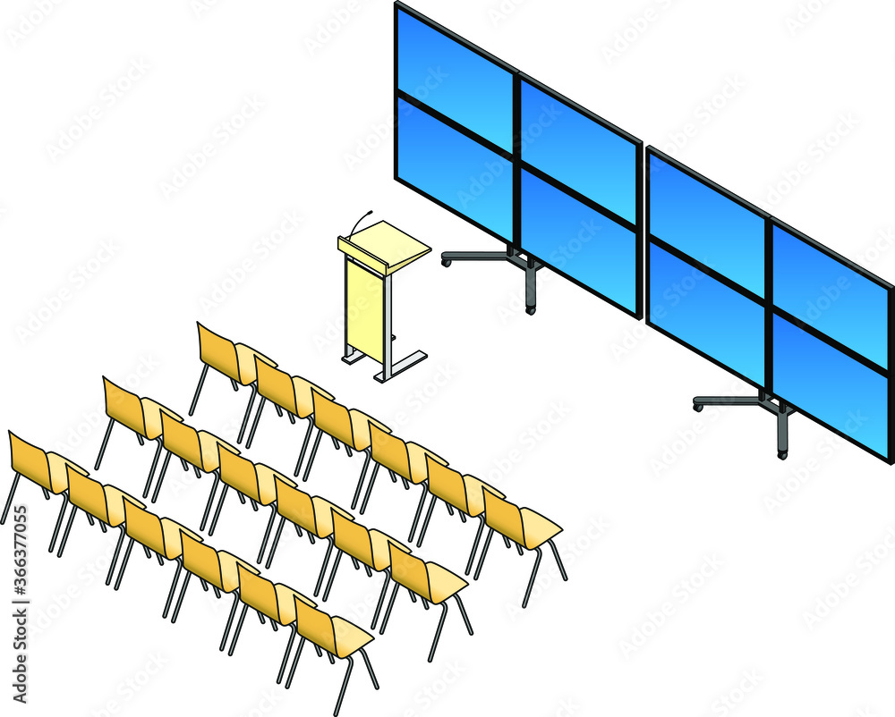 Chairs, lectern and screen setup for a presentation, lecture or seminar ...
