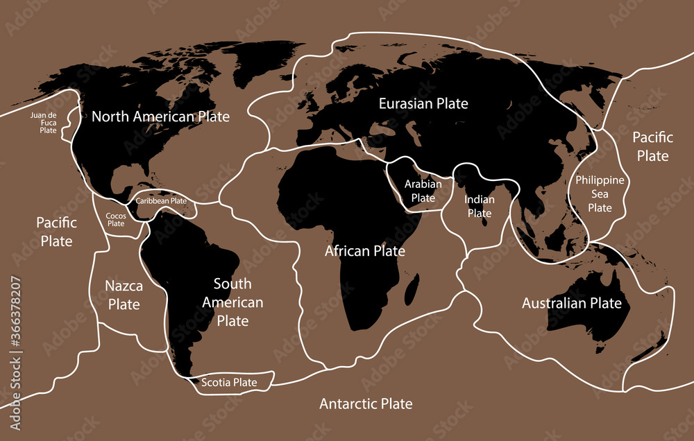 Tectonic plate earth map. Continental ocean pacific, volcano ...
