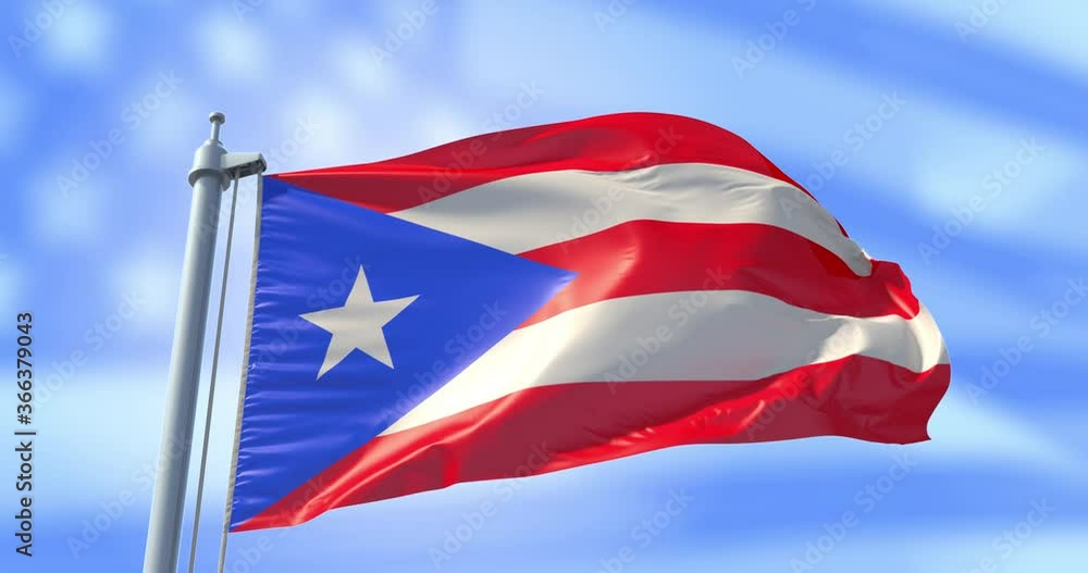 Puerto Rico flag on a flagpole on USA flag background waving in the ...