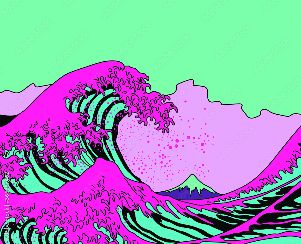 Great Wave in Vaporwave Pop Art style. View on ocean's crest leap ...