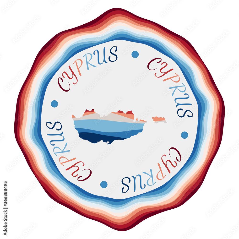 Cyprus badge. Map of the country with beautiful geometric waves and ...