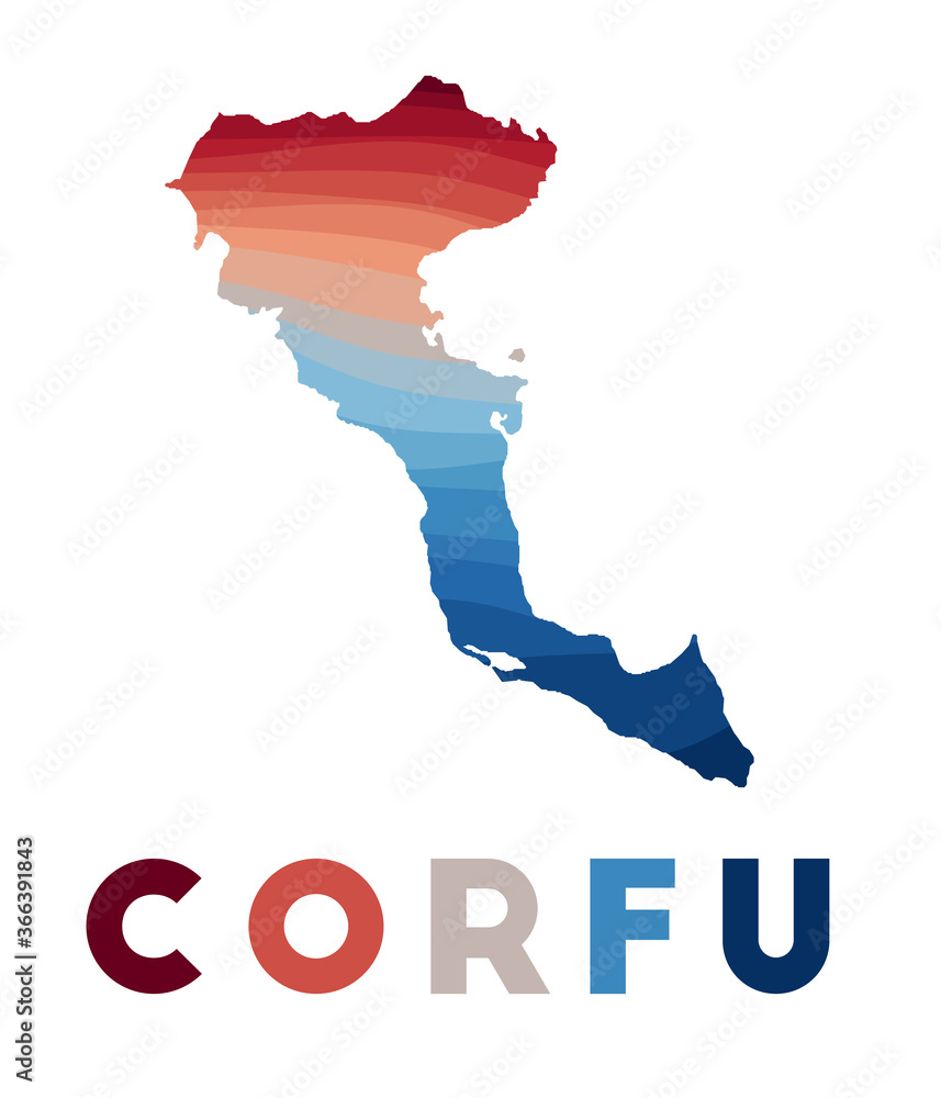 Corfu map. Map of the island with beautiful geometric waves in red blue ...