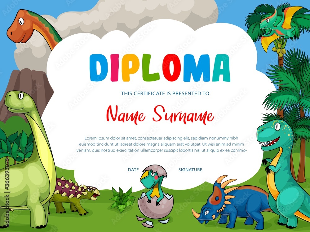Kids diploma with cartoon dinosaurs, cute vector dragons, funny baby ...