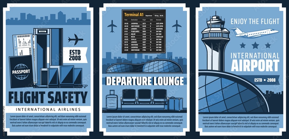 Airport, departure terminal and security control vector banners of air ...