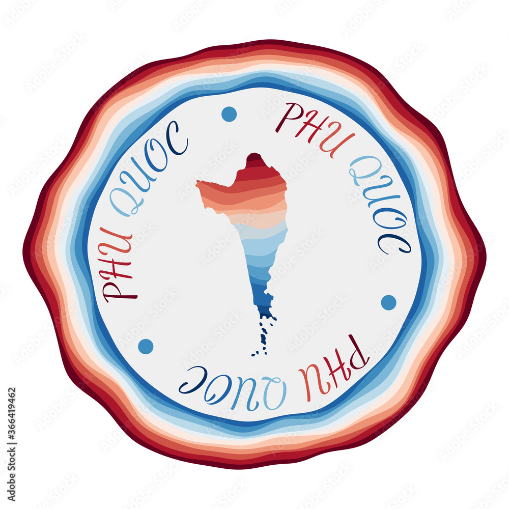 Phu Quoc badge. Map of the island with beautiful geometric waves and ...