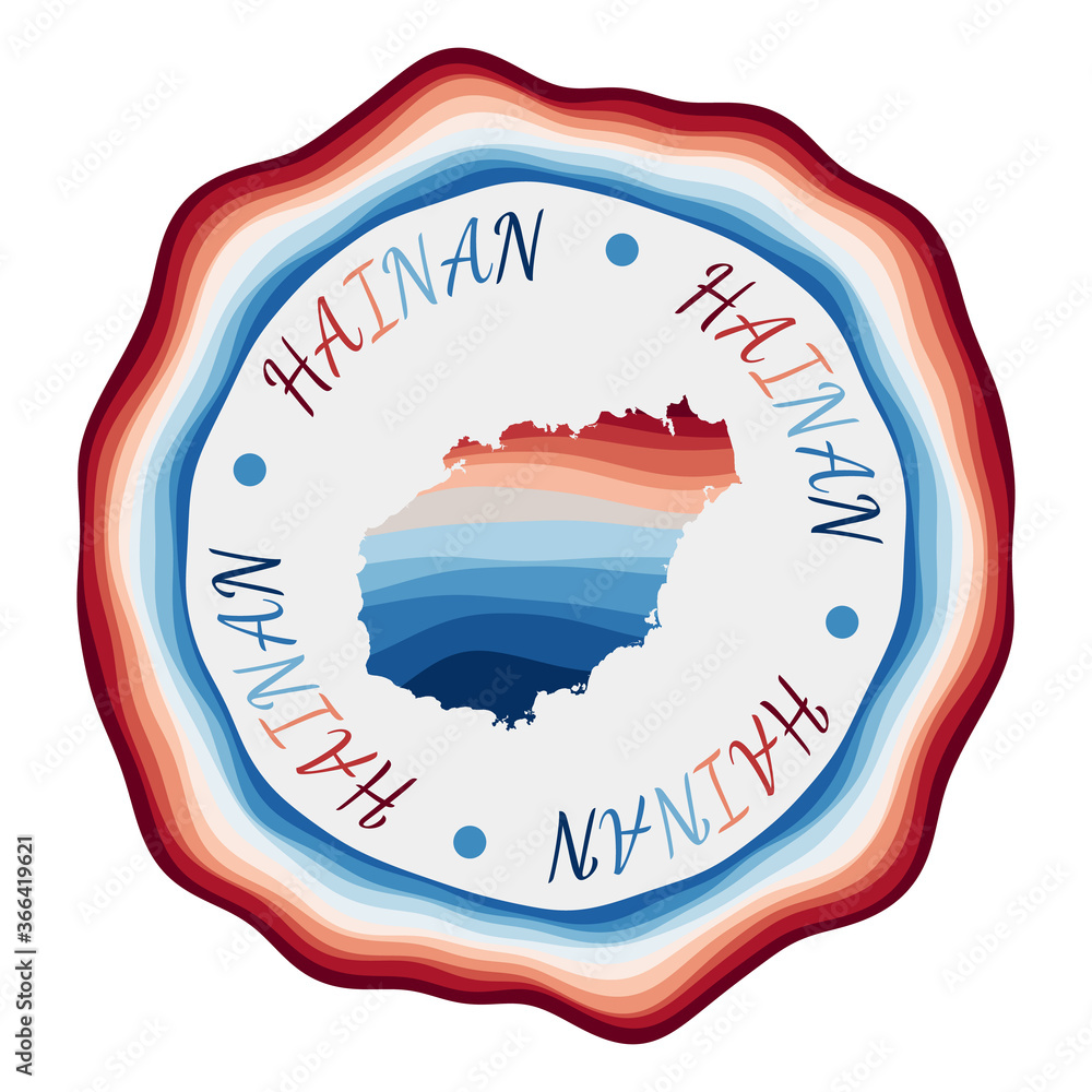 Hainan badge. Map of the island with beautiful geometric waves and ...