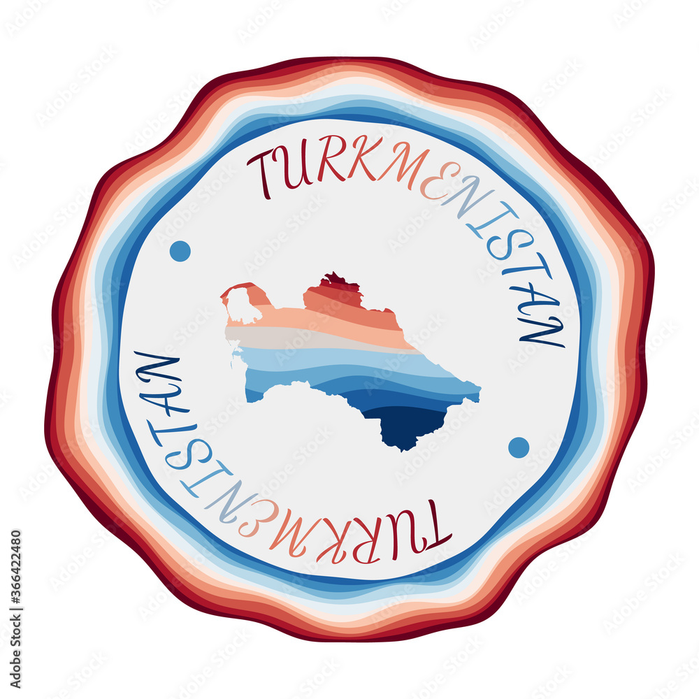 Turkmenistan badge. Map of the country with beautiful geometric waves ...
