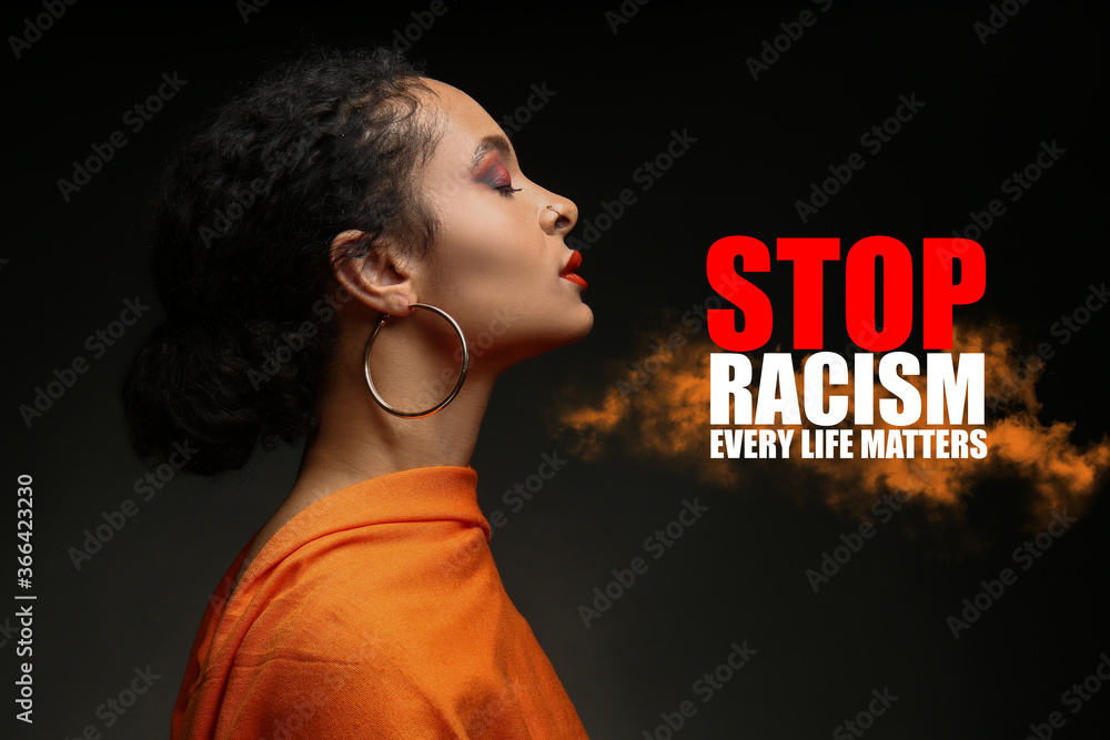 Beautiful African-American woman on dark background with text STOP ...