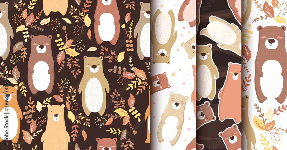 Seamless vector patterns collection with colorful hand drawn cute bears isolated on white ...