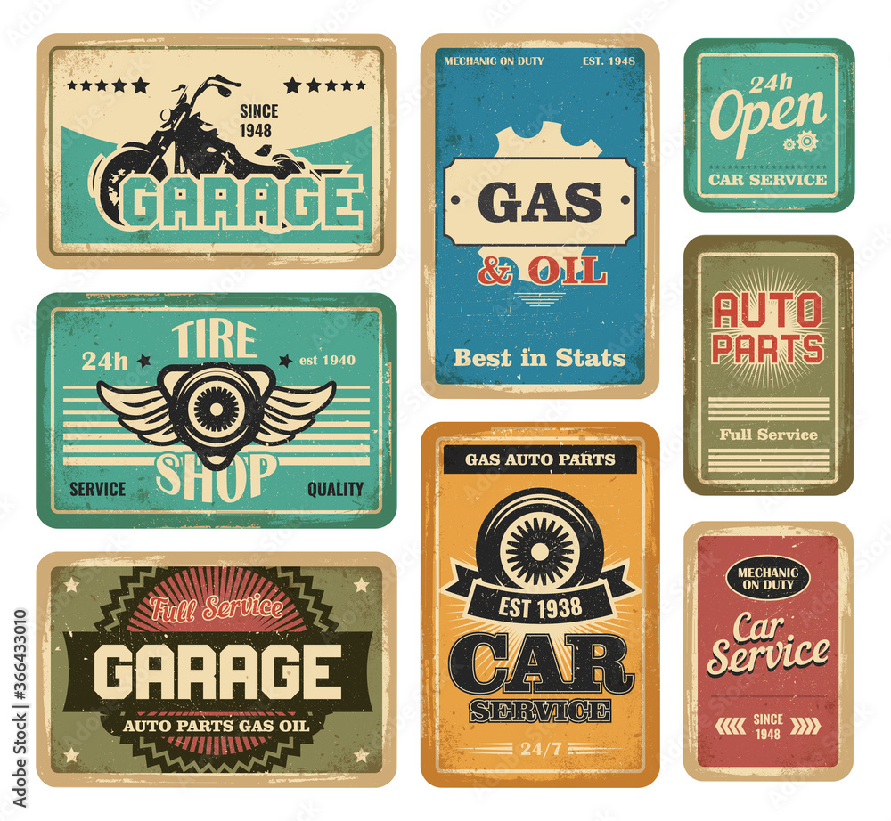 Garage vintage signs set. Car mechanic service, tire shop, gas station ...