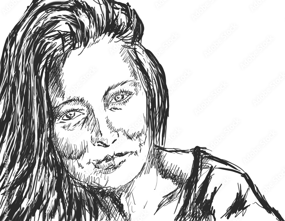 Face half turn view. Elegant outline silhouette of a female head ...