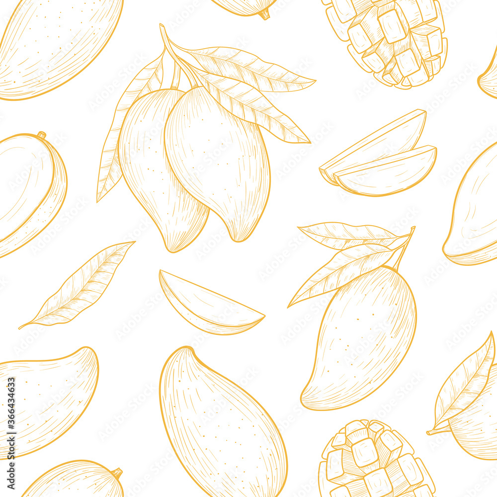 Vector mango hand drawn sketch. Vector seamless pattern. Vintage style ...