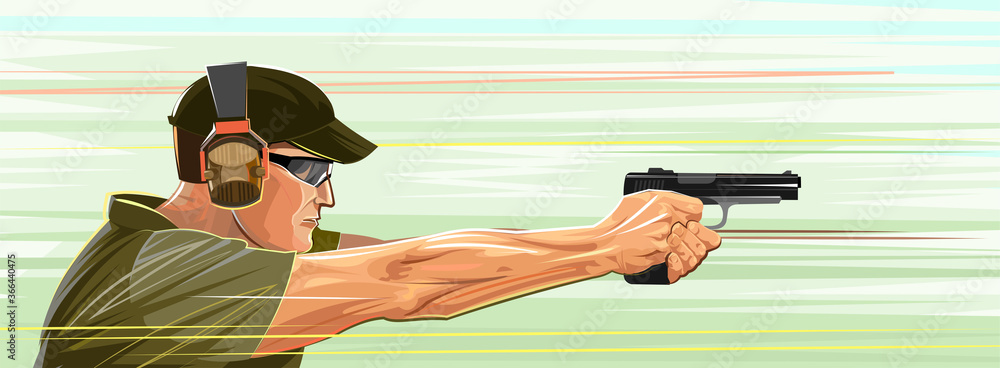 Shooting pistol vector. Aiming. Man shoot gun target standing. Firearms ...