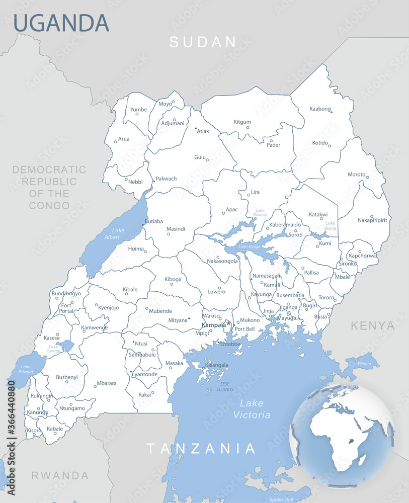 Blue-gray detailed map of Uganda and administrative divisions and ...