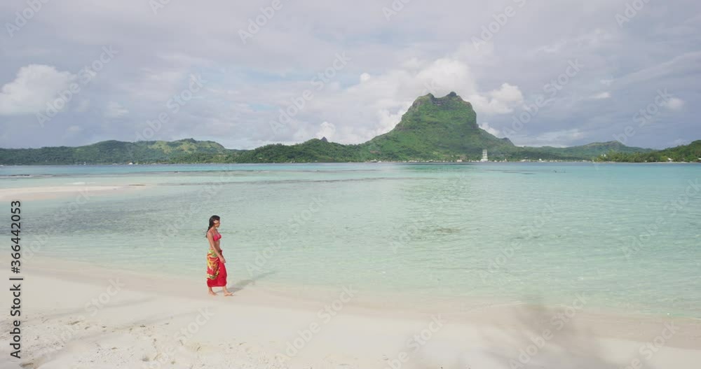 French Polynesia Vacation Travel woman walkijg on paradise motu beach ...