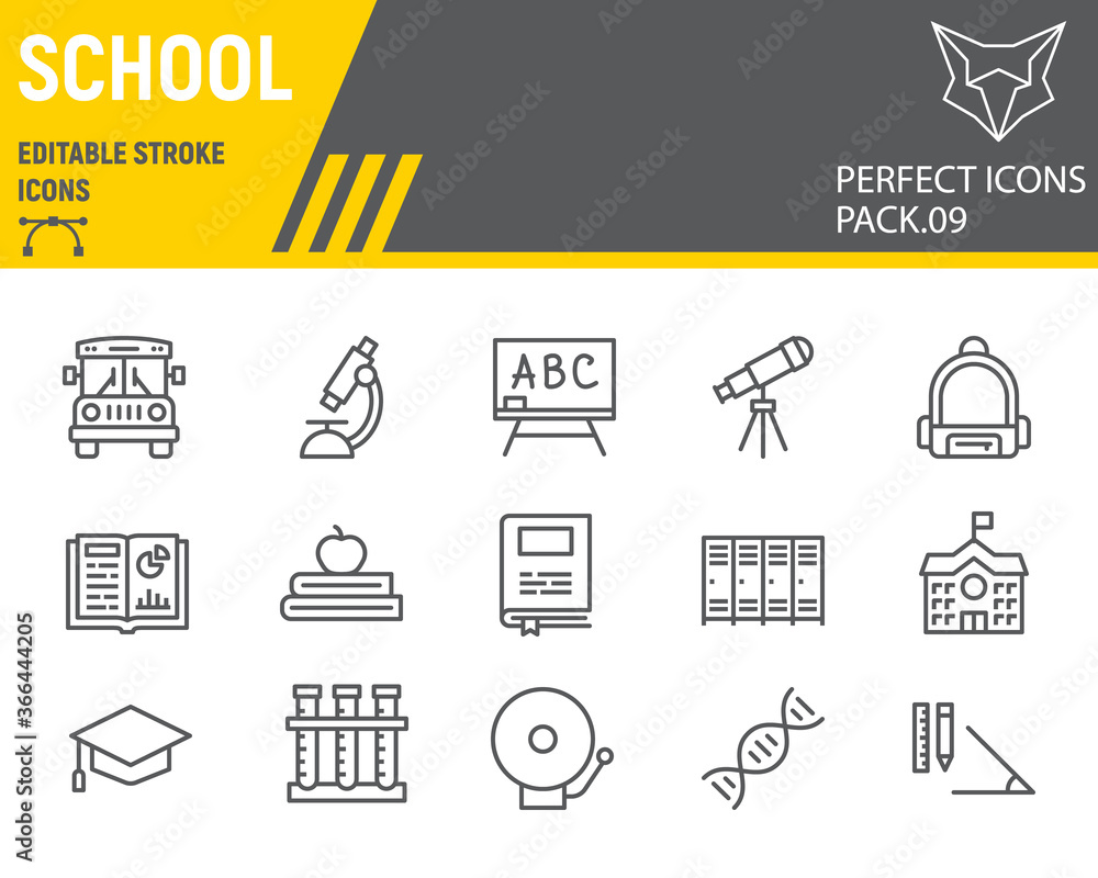 School line icon set, education symbols collection, vector sketches ...