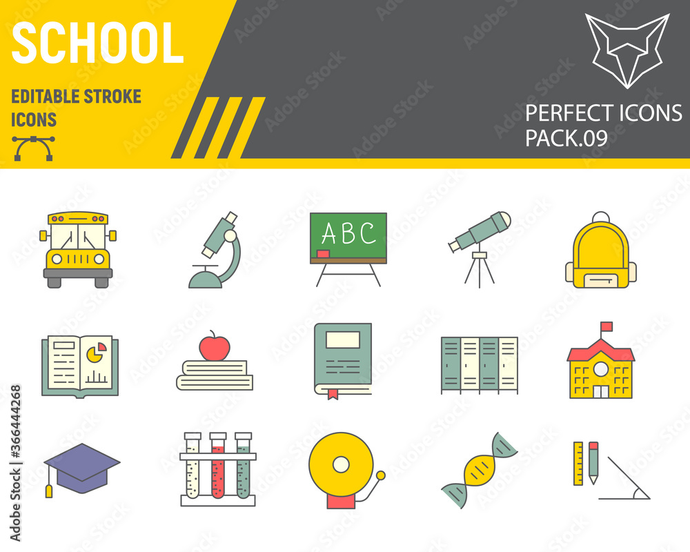 School color line icon set, education symbols collection, vector ...