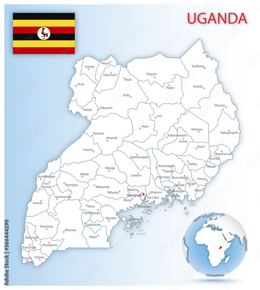 Detailed Uganda administrative map with country flag and location on a ...