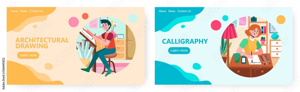 Architect engineer draws on his desk. Woman practice calligraphy ...